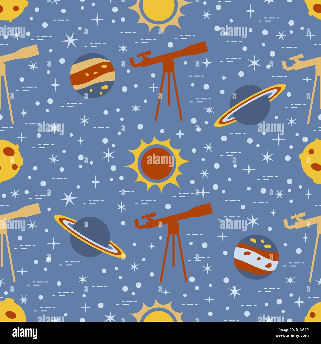 Seamless pattern with telescope, sun, planets, stars. Space exploration ...