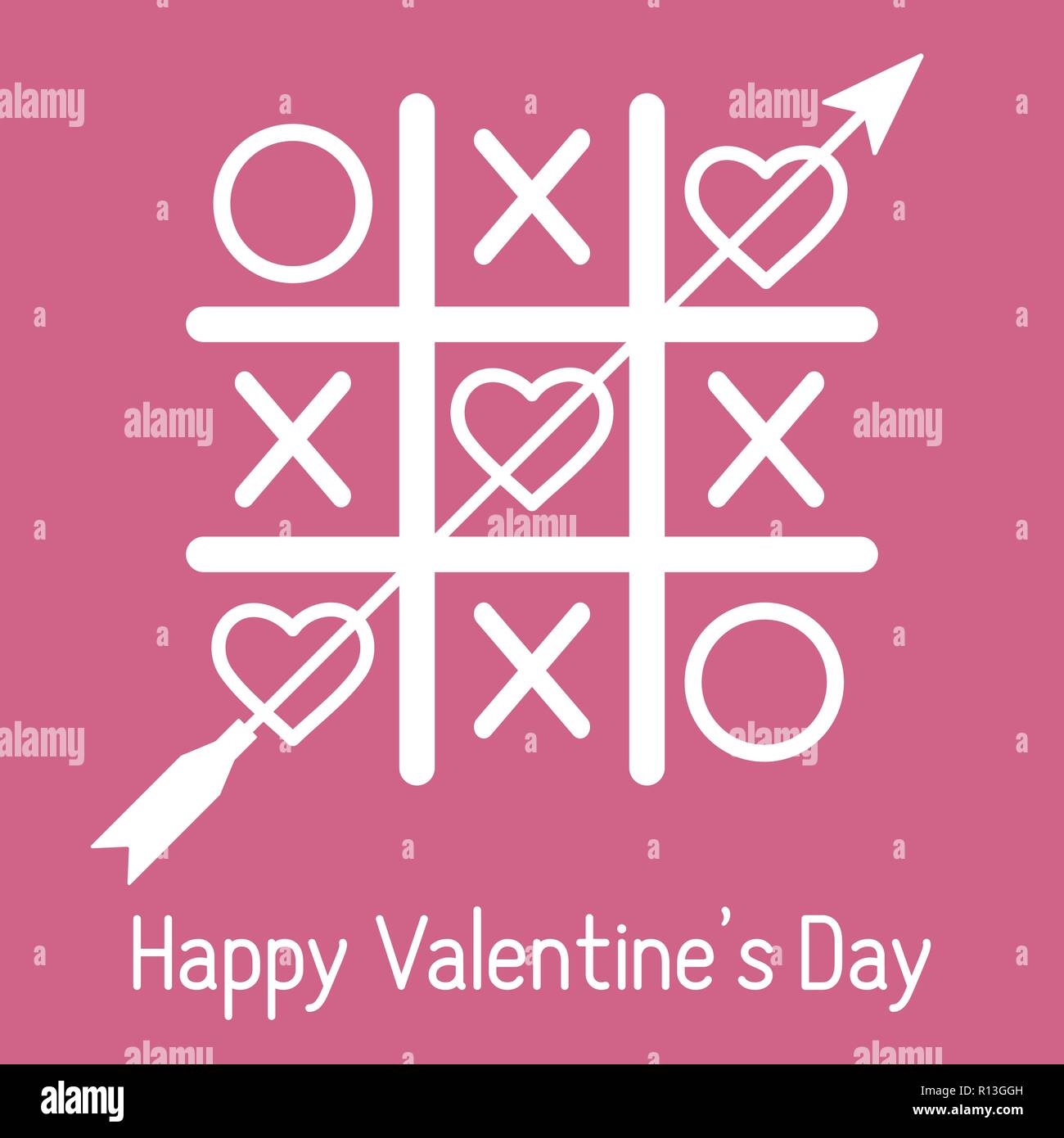 Vector illustration of tic-tac-toe game with hearts and arrow. Happy ...