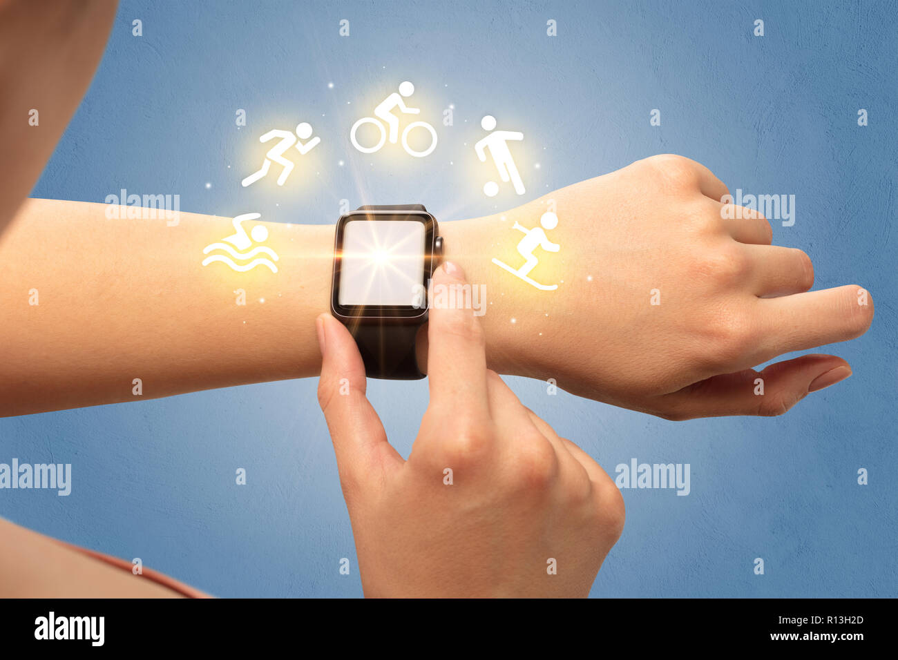 Female hand with smartwatch and sport concept Stock Photo - Alamy