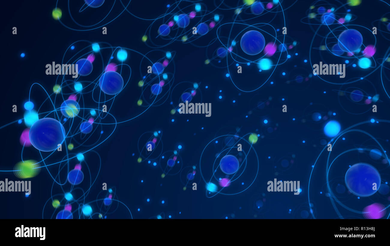 A volumetric 3d illustration of abstract colorful atoms rotating around ...
