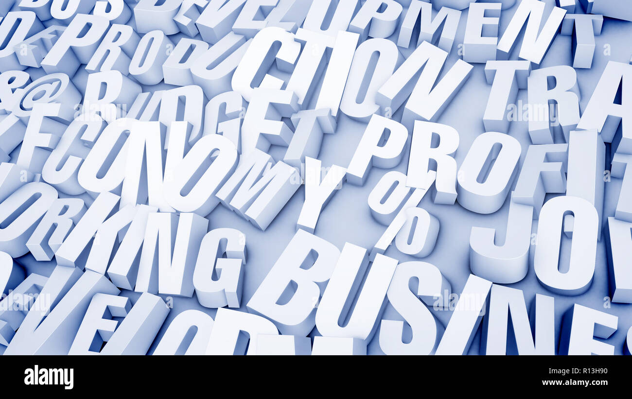 An arty 3d illustration of broken words placed on white and blue ...