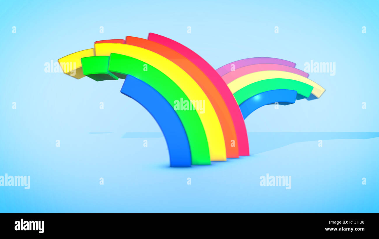 A merry 3d illustration of two rainbow arches placed horizontally in spiral ways in the celeste ...