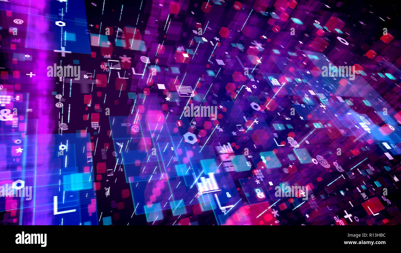 A holgraphic 3d illustration of cyber cosmos with flying horizontally computer symbols including ...