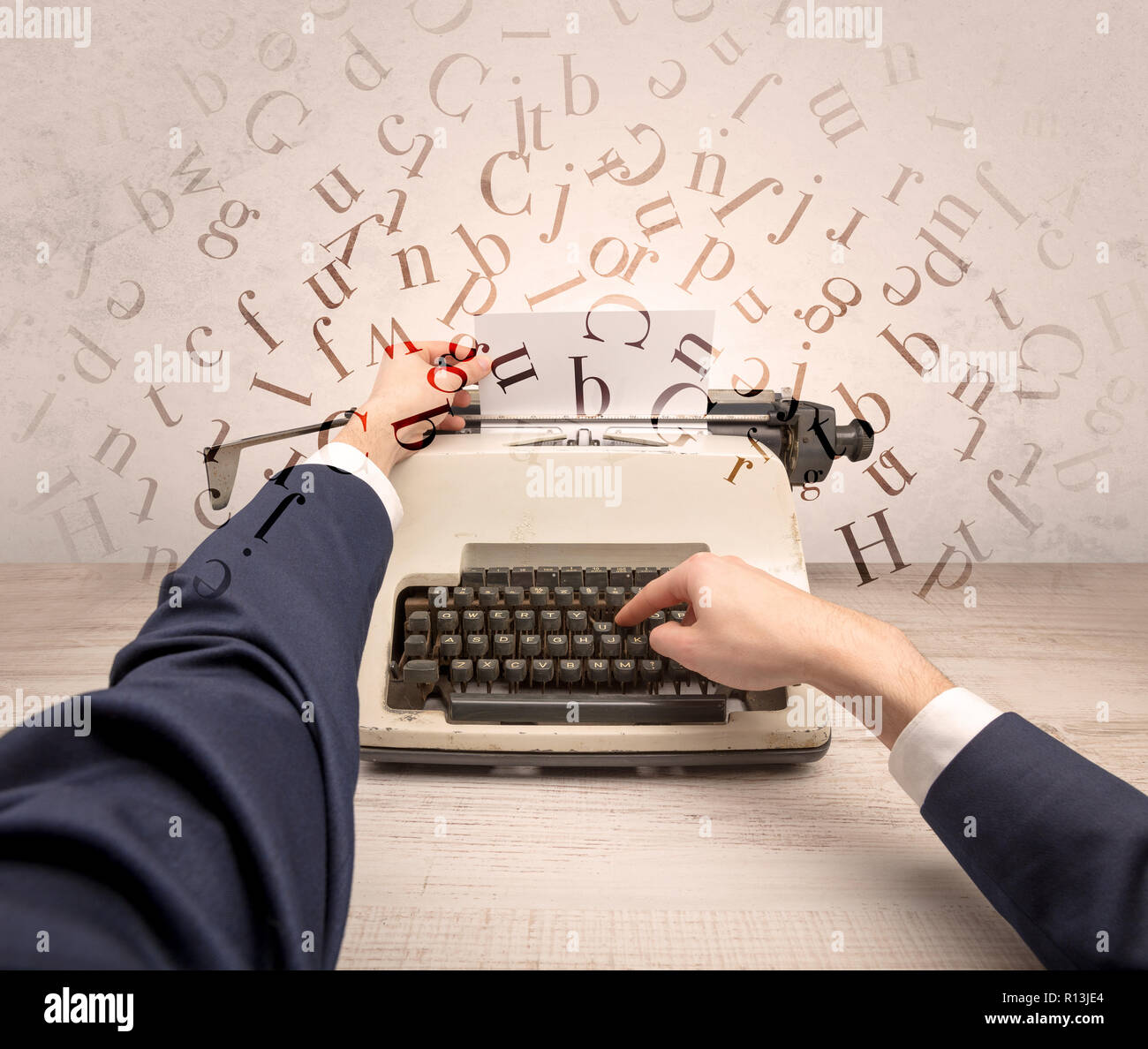 First person perspective elegant hand writing on typewriter with flying ...