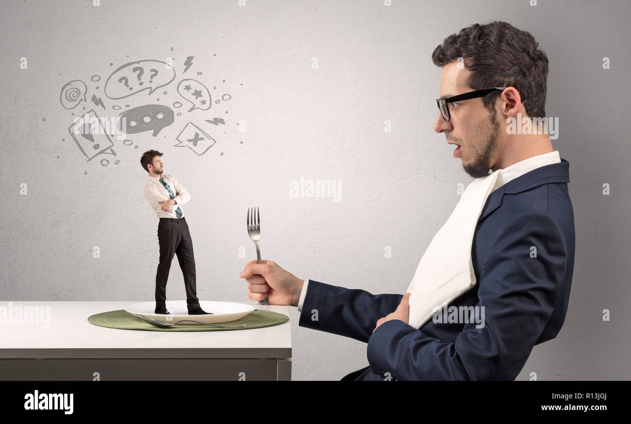 Big businessman want to eat small man with cloud messages above his ...