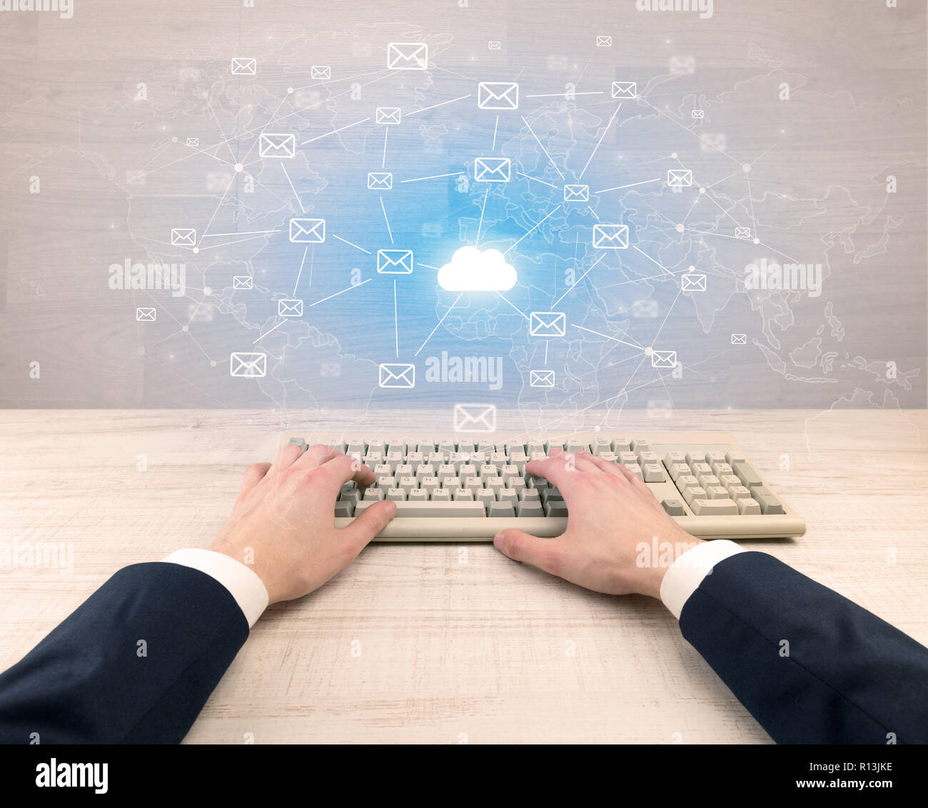 First person view of an elegant businessman hand typing with connected ...