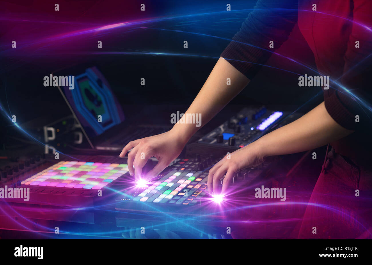 Hand mixing music on midi controller with wave vibe concept Stock Photo ...