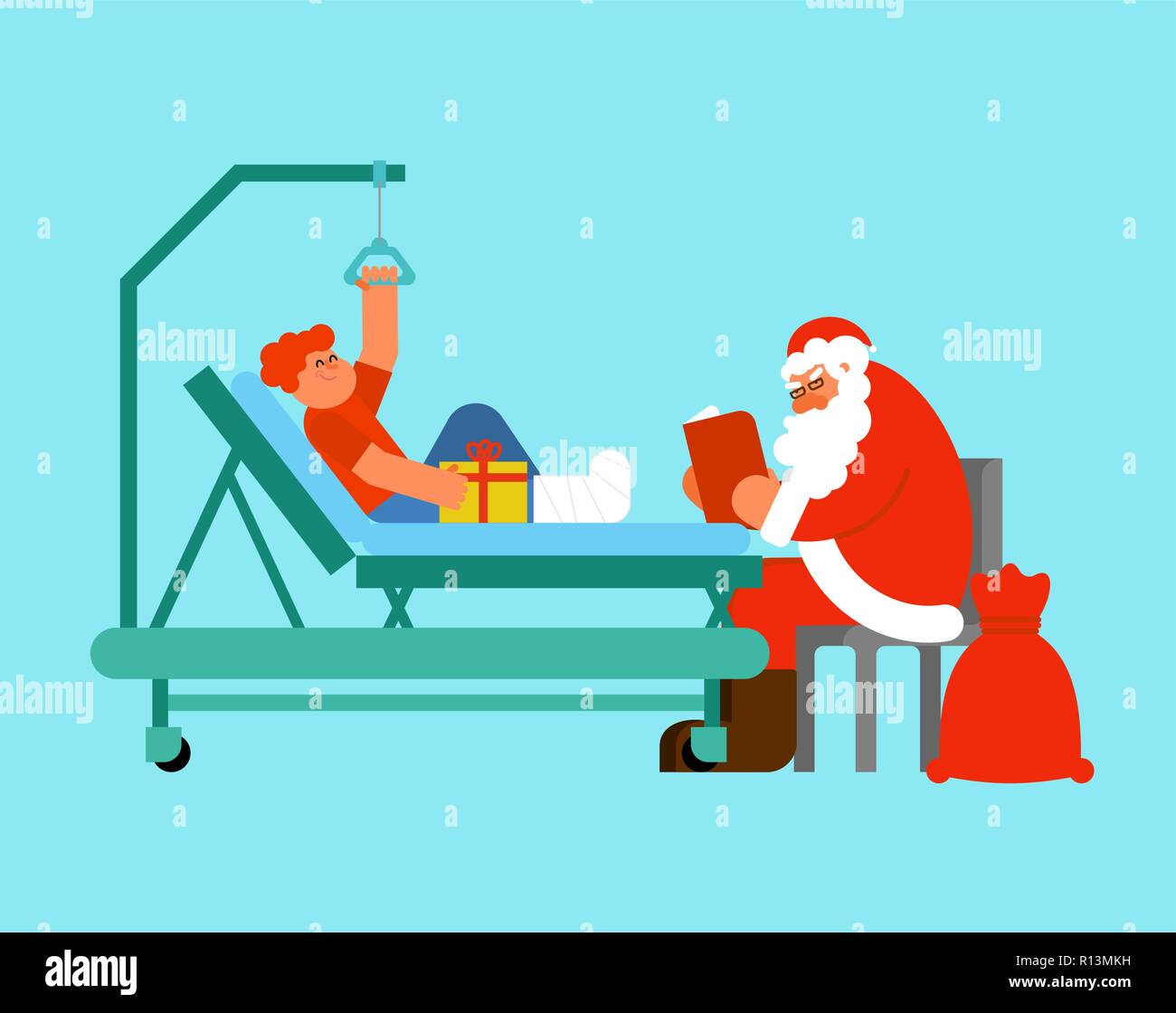 Santa Claus Visits in hospital. Grandfather reads book and gives gift ...