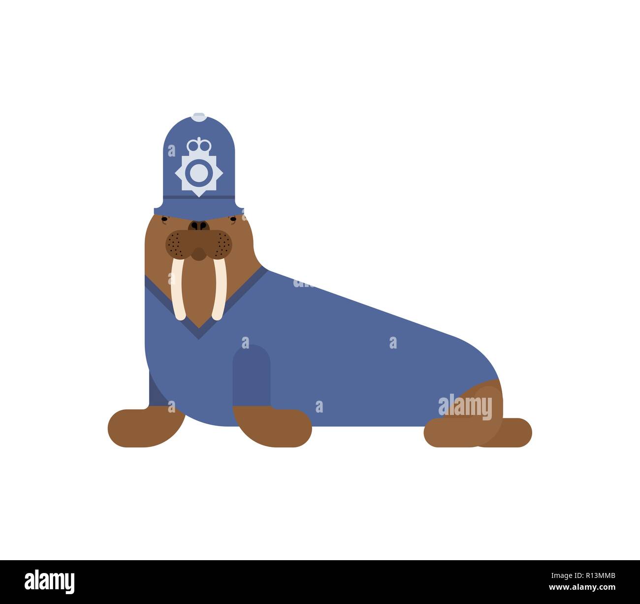 Walrus British policeman. Long tusks. Sea animal antarctica in cap ...