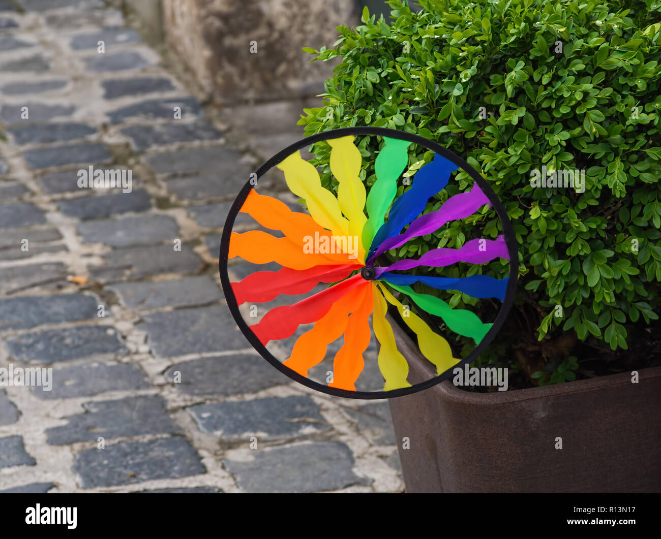 Multi-colored children's revolving object in a pot with a plant on the ...