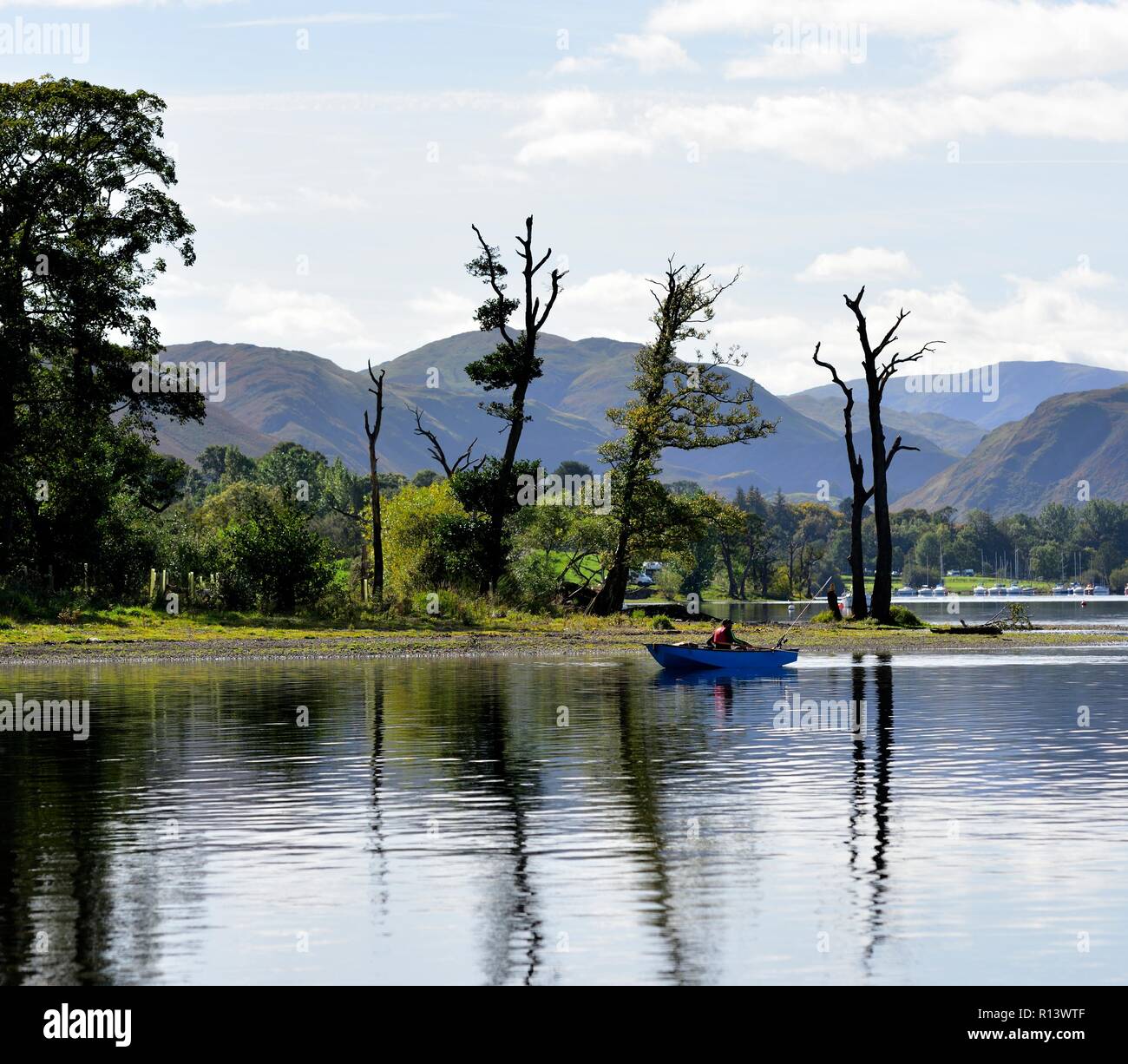 A man with his dog in a rowing boat fishing on Ullswater Lake,Lake ...