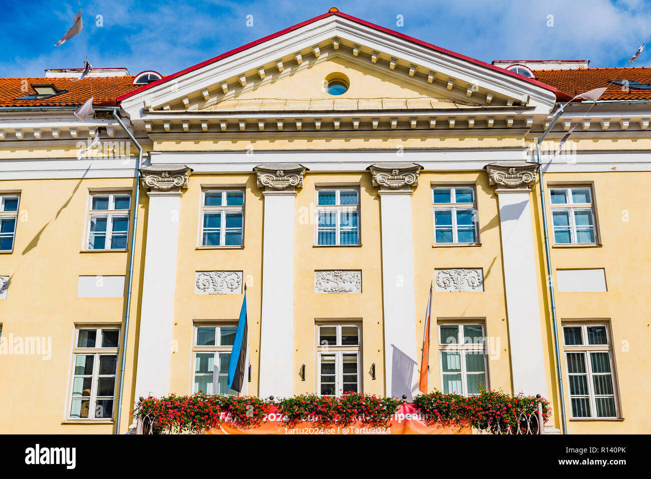Neoclassical facades of buildings in the Town Hall Square. Tartu, Tartu ...