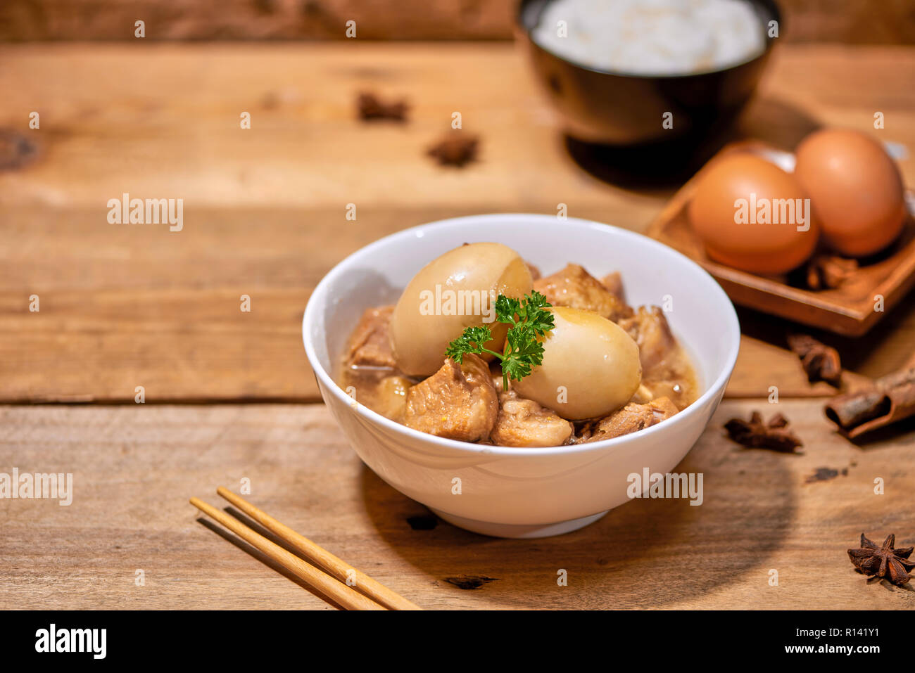 Braised three layer pork with seasoned boiled egg Stock Photo - Alamy