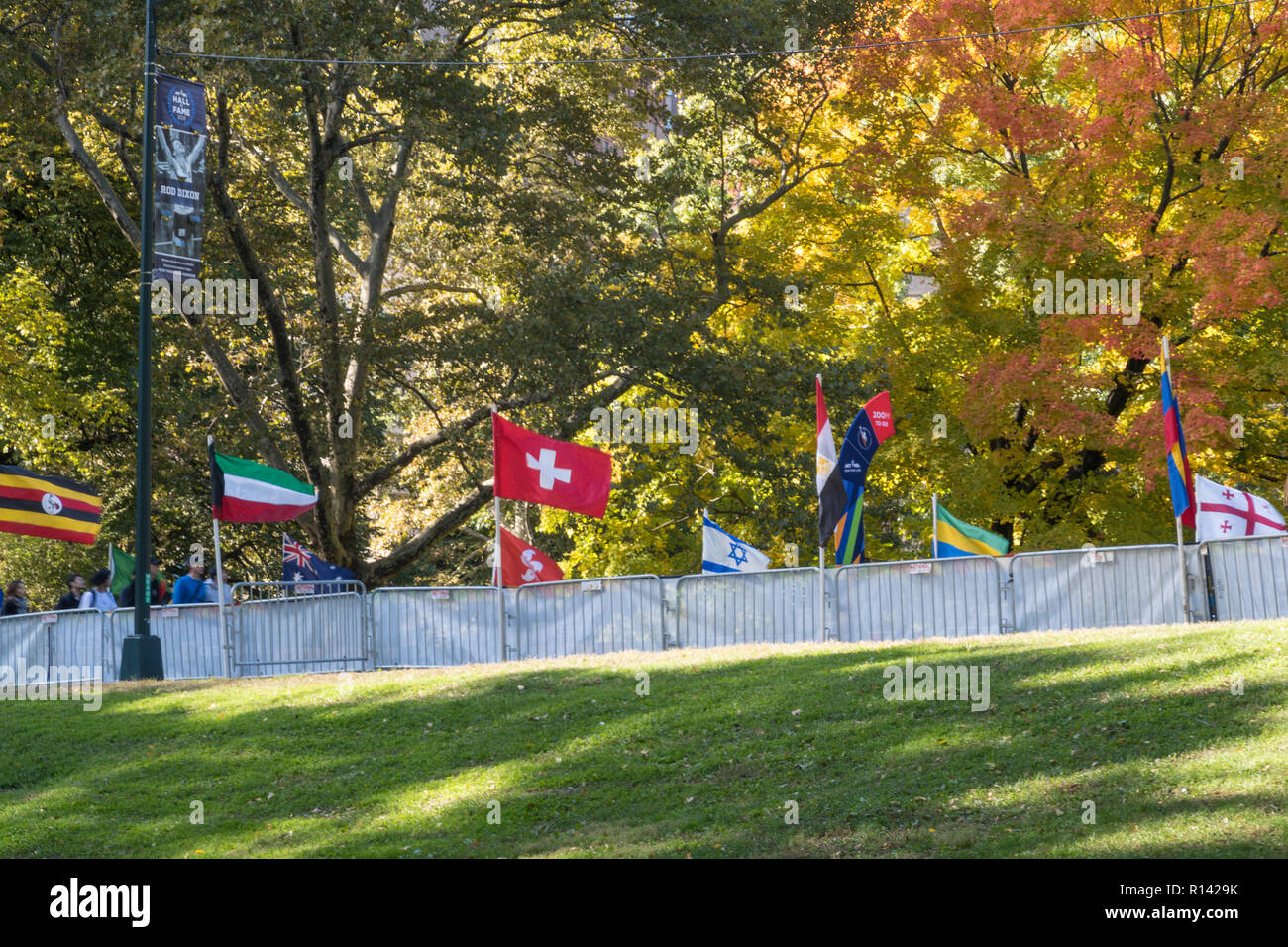 International Flags at the 2018 Marathon finish Area, Central park, NYC ...
