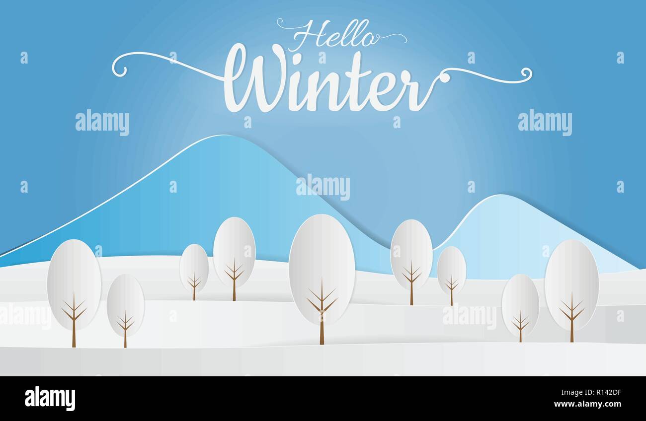 Paper art of landscape with village in winter snow forest, Hello Winter ...