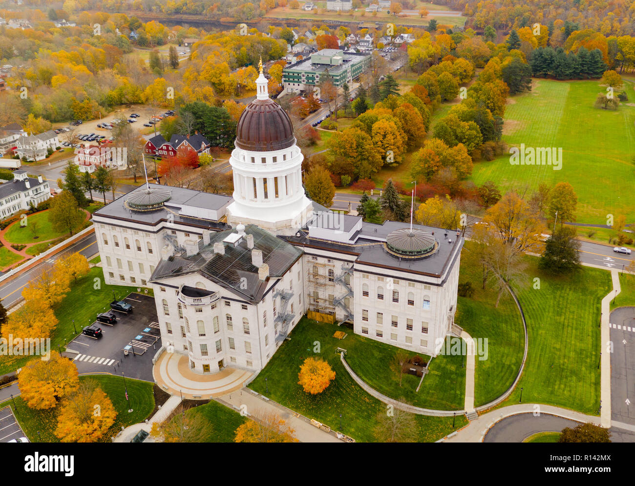 Close to the peak of fall color in the leaves at the State House of ...