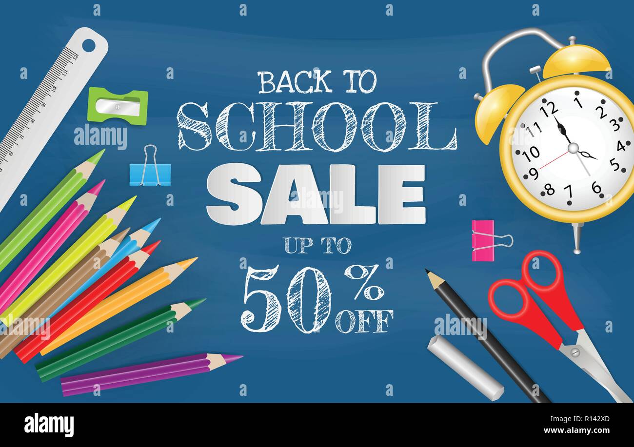 Back to school SALE upto 50 % off text on chalkboard with school ...