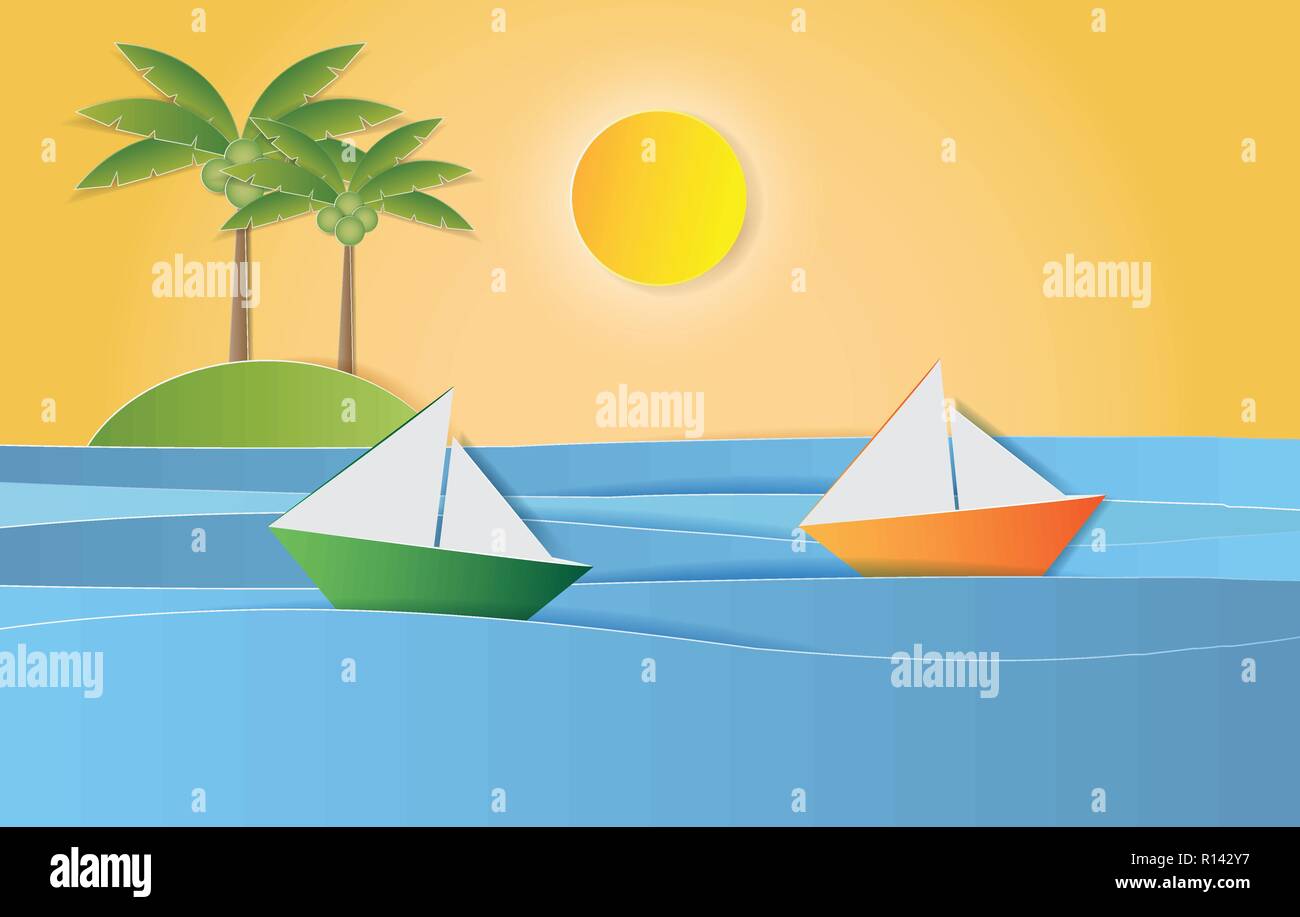 Sailing boat in sea with sun and coconut tree, Paper art style. Vector illustration Stock Vector ...
