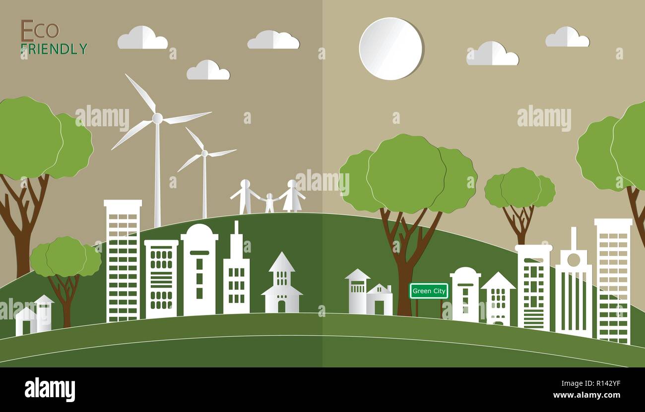 Paper art of landscape with building and nature ,ECO FRIENDLY. Vector ...