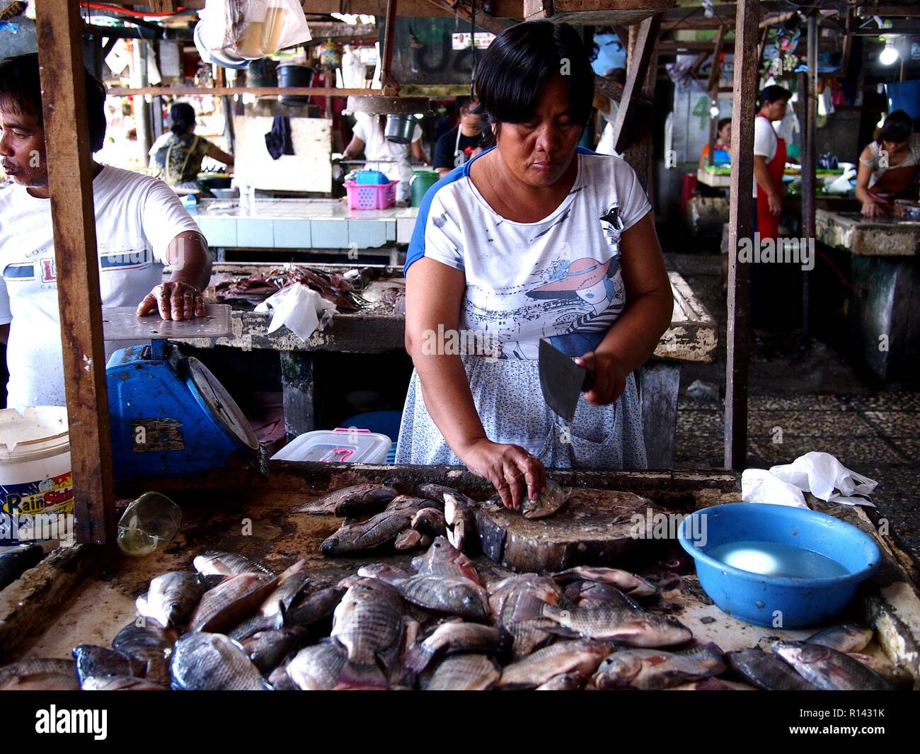 BINANGONAN, RIZAL, PHILIPPINES - NOVEMBER 8, 2018: A fish vendor sells fresh fishes at fish port ...