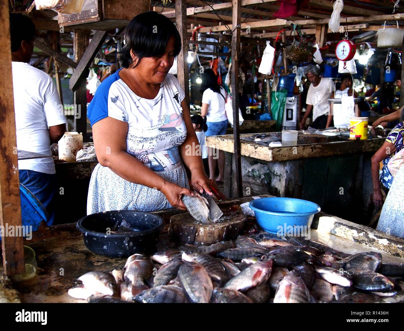 BINANGONAN, RIZAL, PHILIPPINES - NOVEMBER 8, 2018: A fish vendor sells fresh fishes at fish port ...
