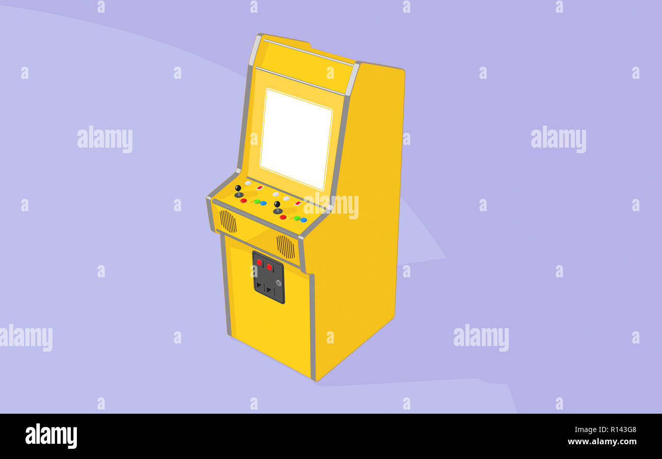 A vintage yellow unbranded arcade machine with a blank screen on a ...