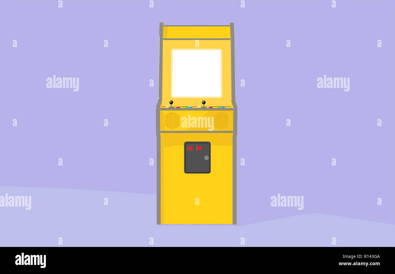 A vintage yellow unbranded arcade machine with a blank screen on a ...
