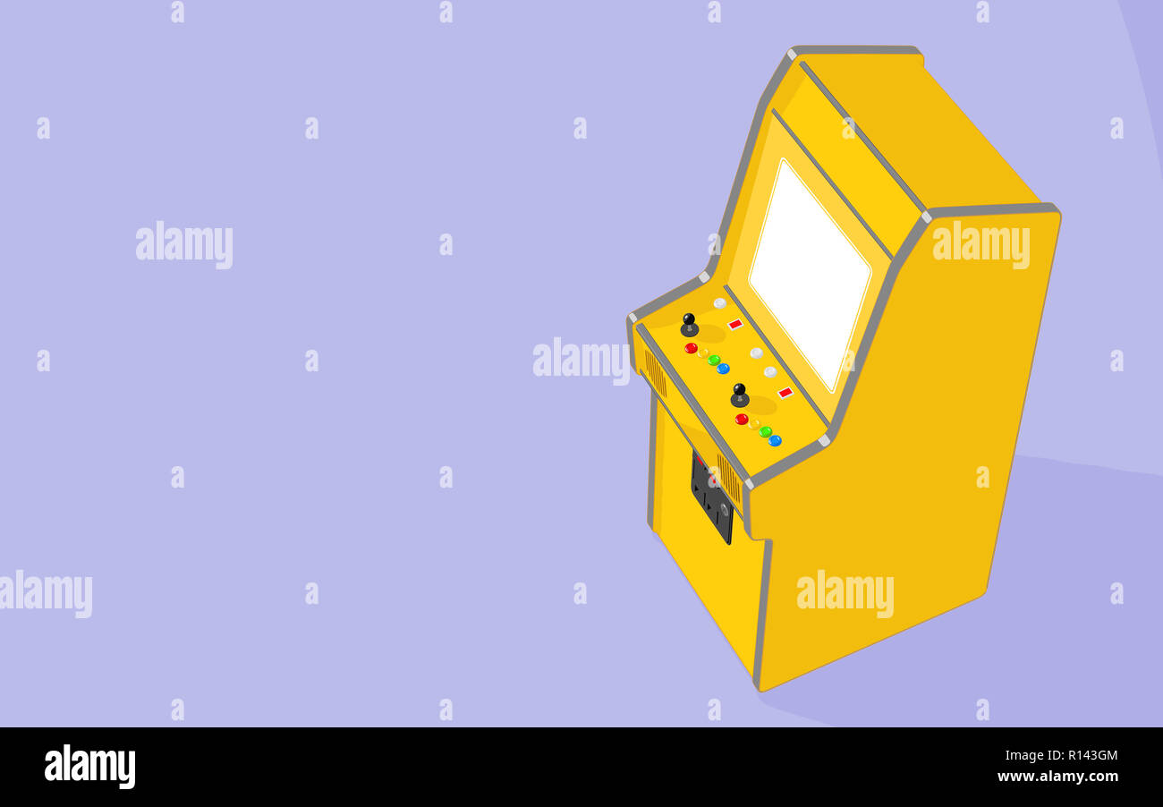 A vintage yellow unbranded arcade machine with a blank screen on a ...