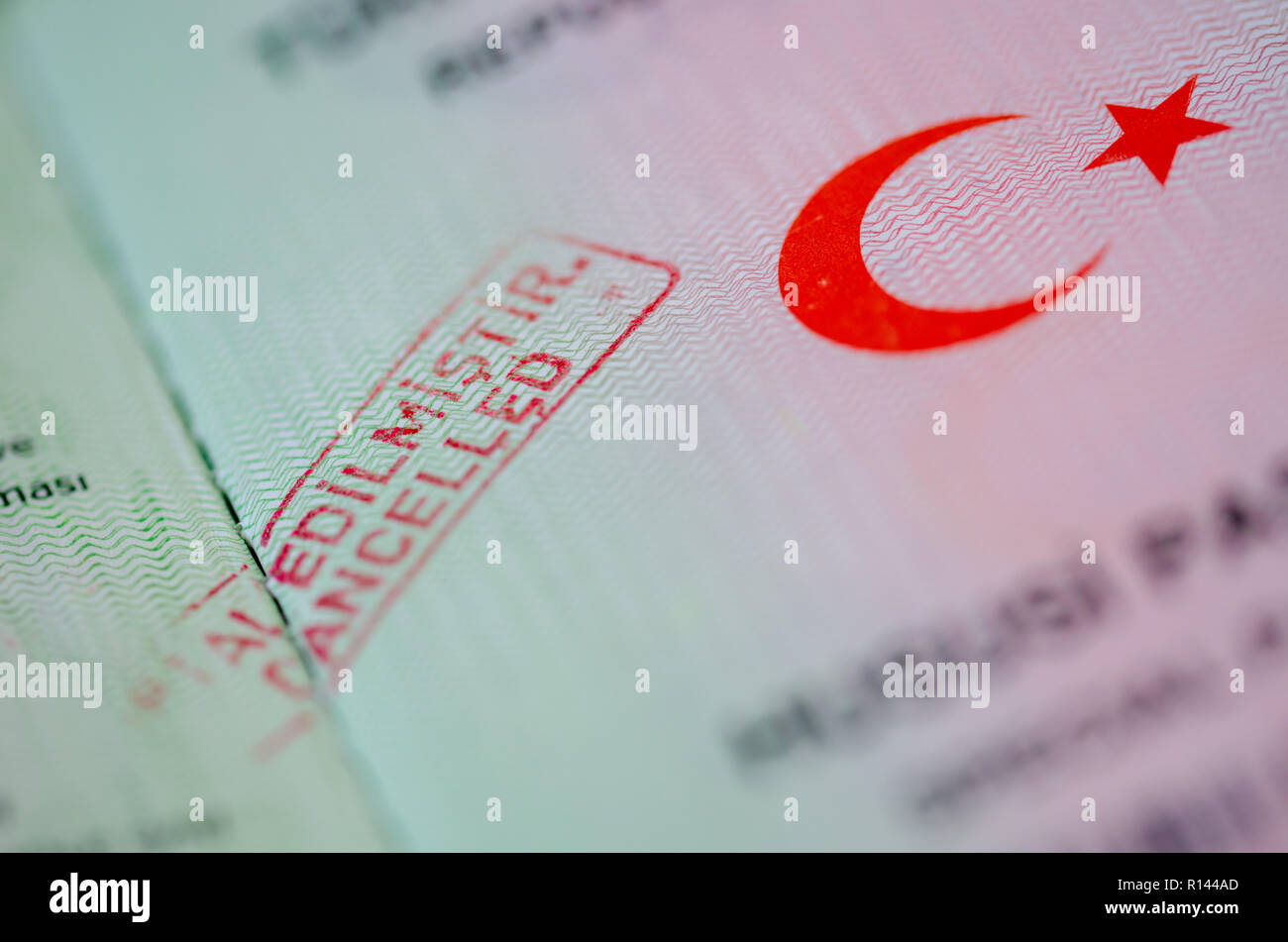Red CANCELLED rubber stamp on the special Turkish passport.Translation ...