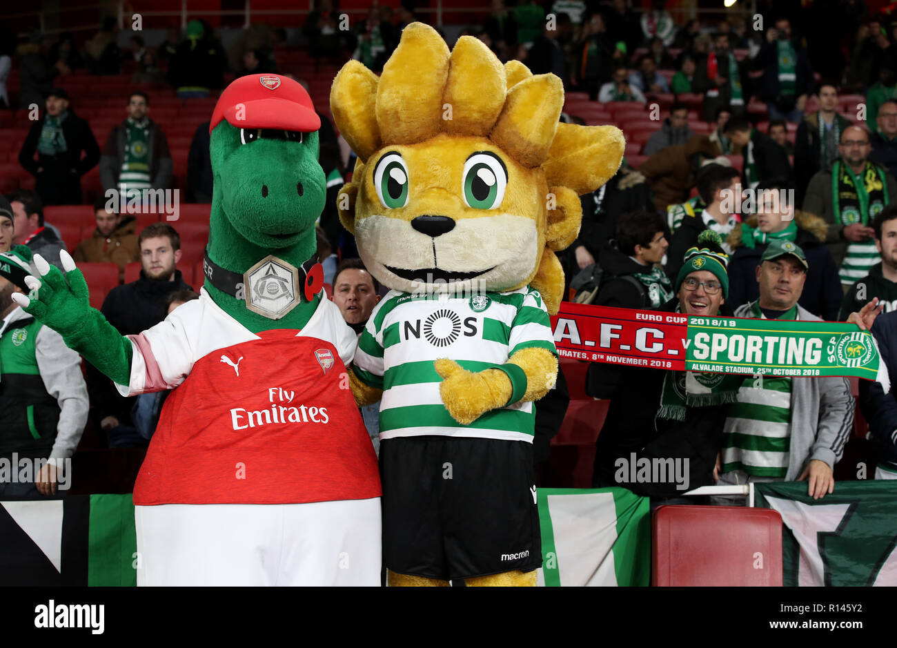 Arsenal mascot Gunnersaurus Rex (left) and Sporting Lisbon mascot Jubas ...