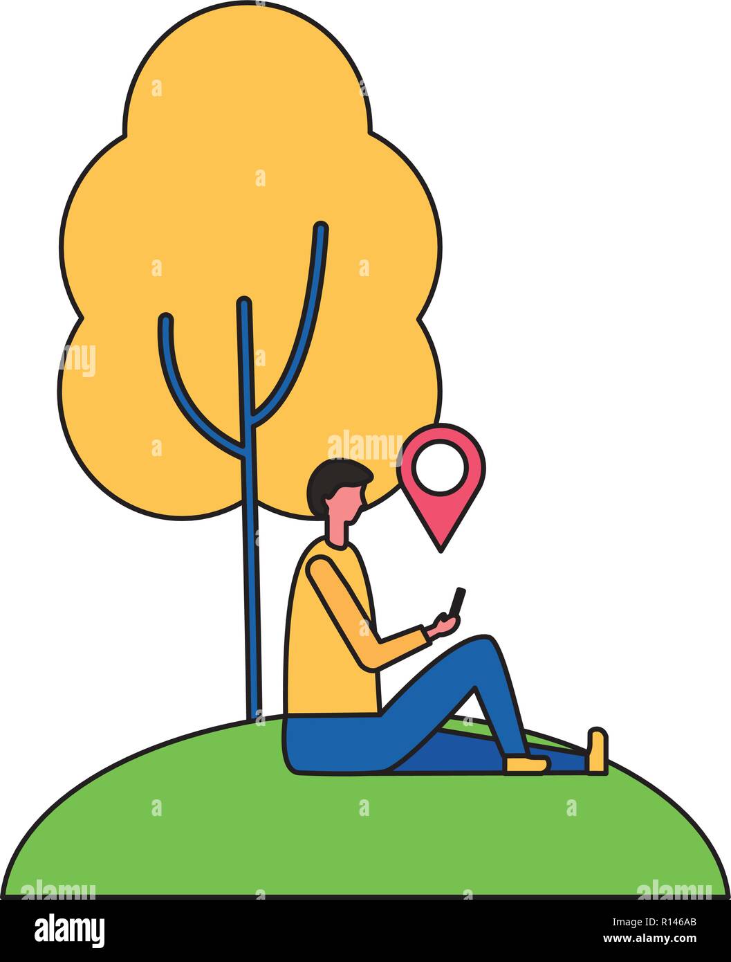man sitting near tree with mobile location vector illustration Stock ...