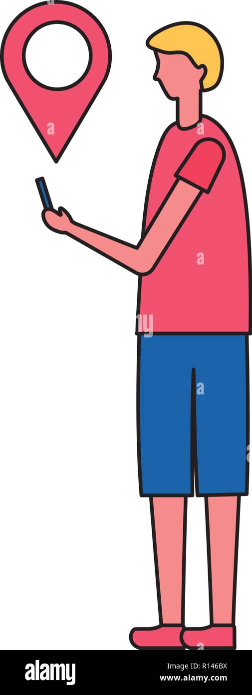 man holding mobile pointer location vector illustration Stock Vector ...