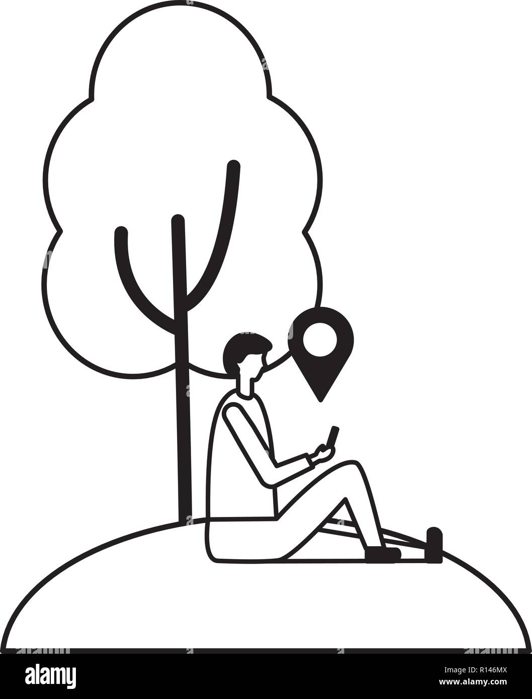 man sitting near tree with mobile location vector illustration Stock ...