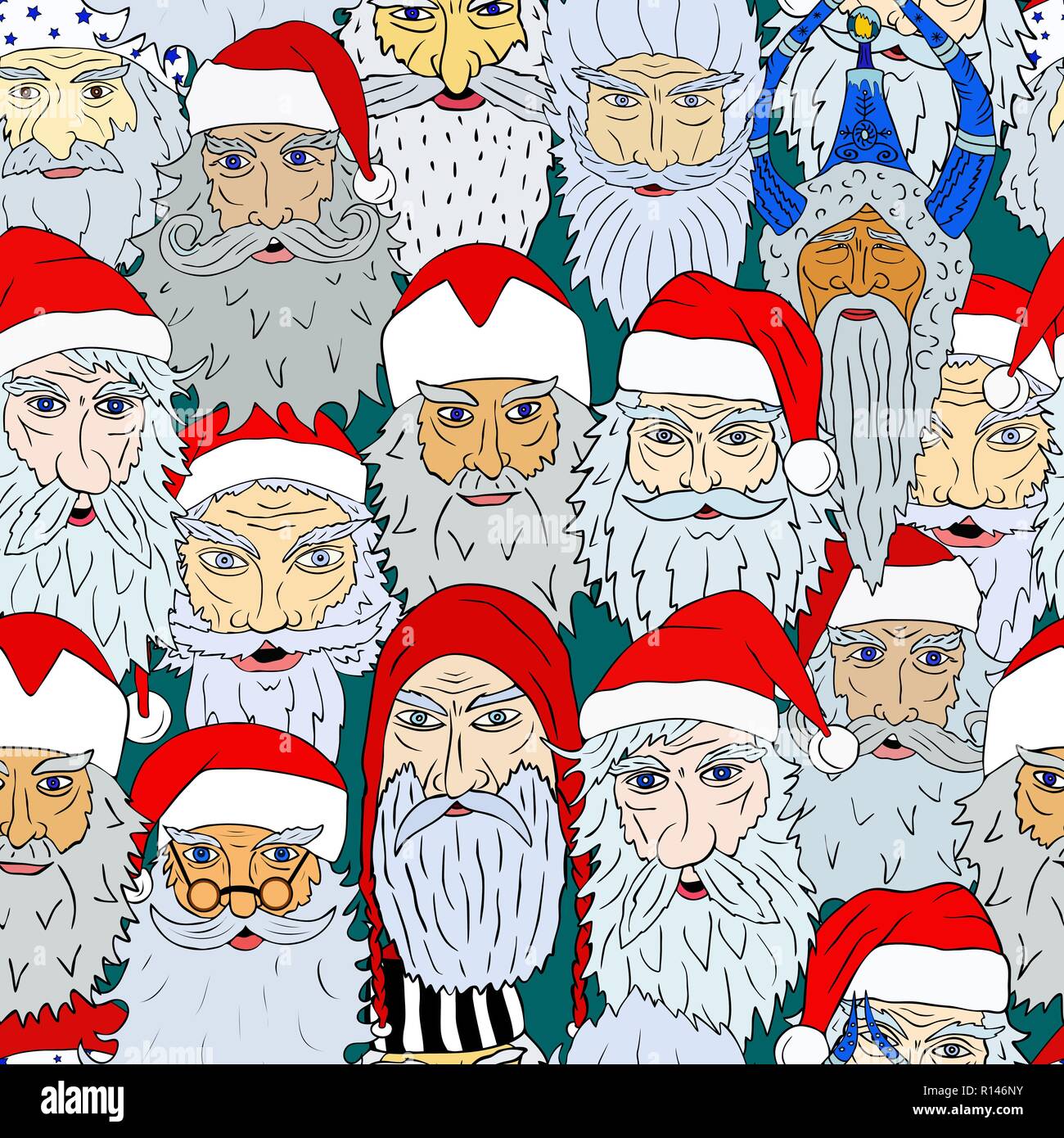 Seamless Christmas pattern of Santa Claus heads from different ...