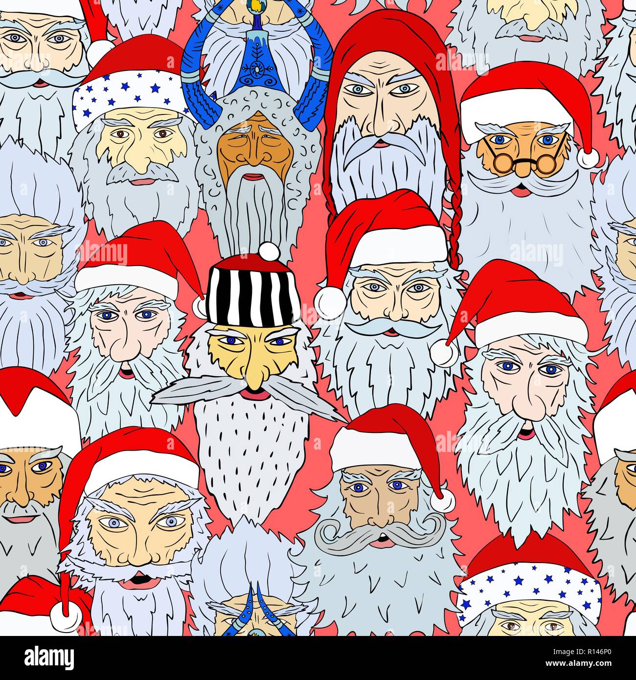 Seamless Christmas pattern of Santa Claus heads from different ...
