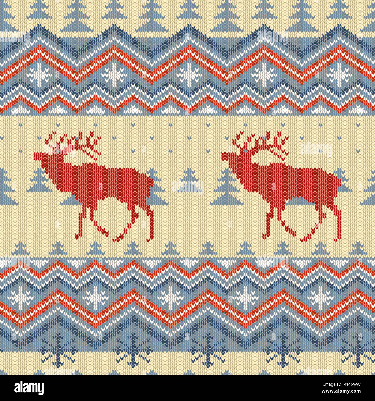 Christmas winter knitted woolen seamless pattern with red deer in in ...