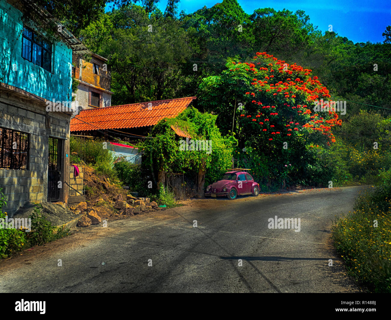 Red car driving on a rural road hi-res stock photography and images - Alamy