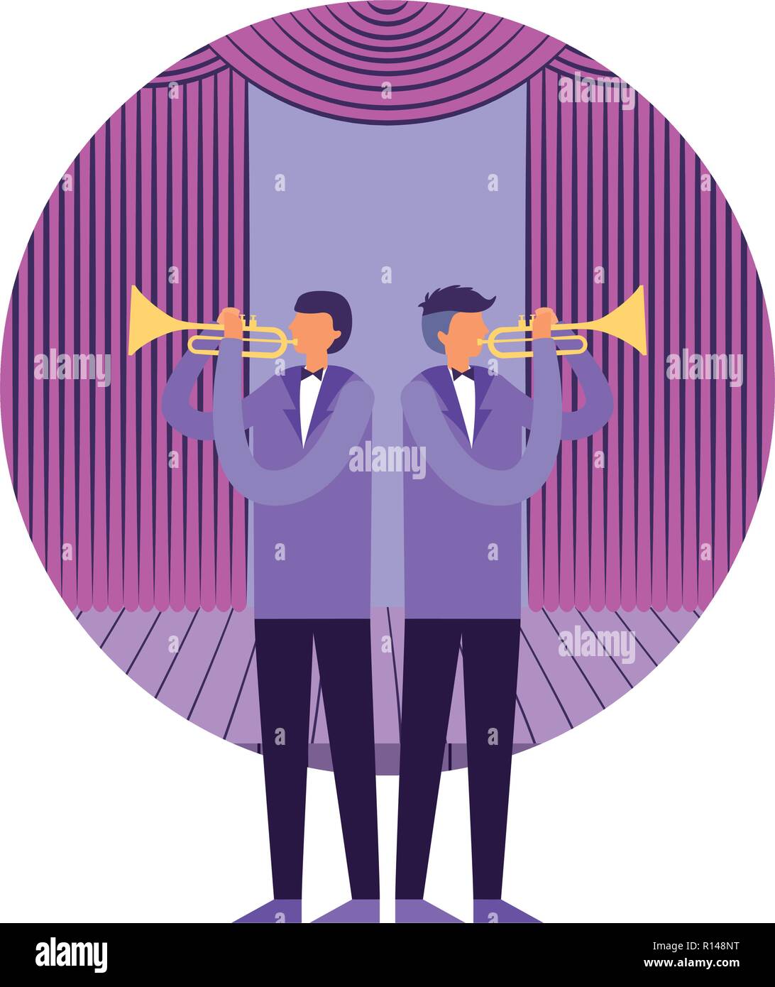 musician men with trumpet instruments on stage vector illustration ...