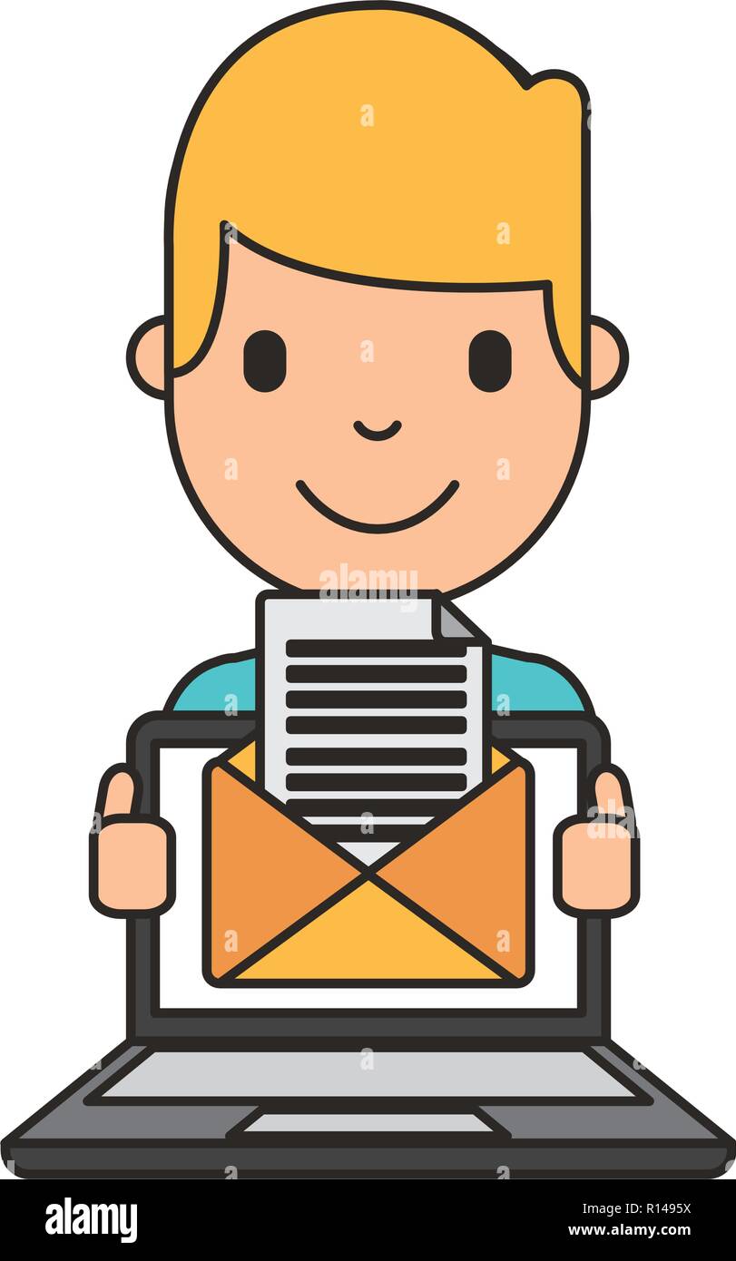 boy cartoon with laptop email document vector illustration Stock Vector ...