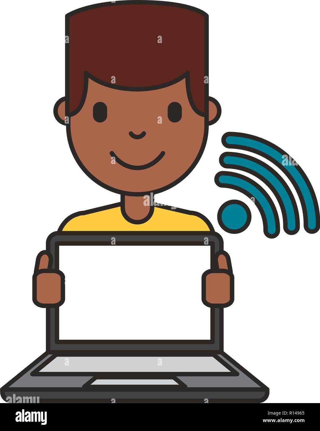 boy cartoon with laptop internet wifi vector illustration Stock Vector ...