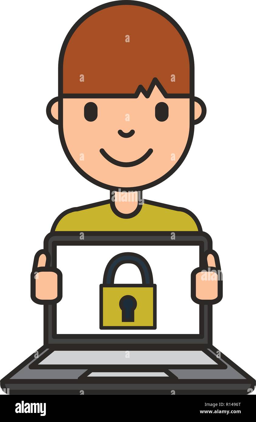 boy cartoon with laptop cyber security vector illustration Stock Vector ...