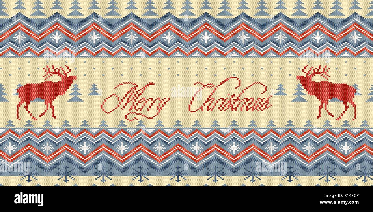 Merry Christmas. Winter knitted woolen seamless pattern with red deer ...