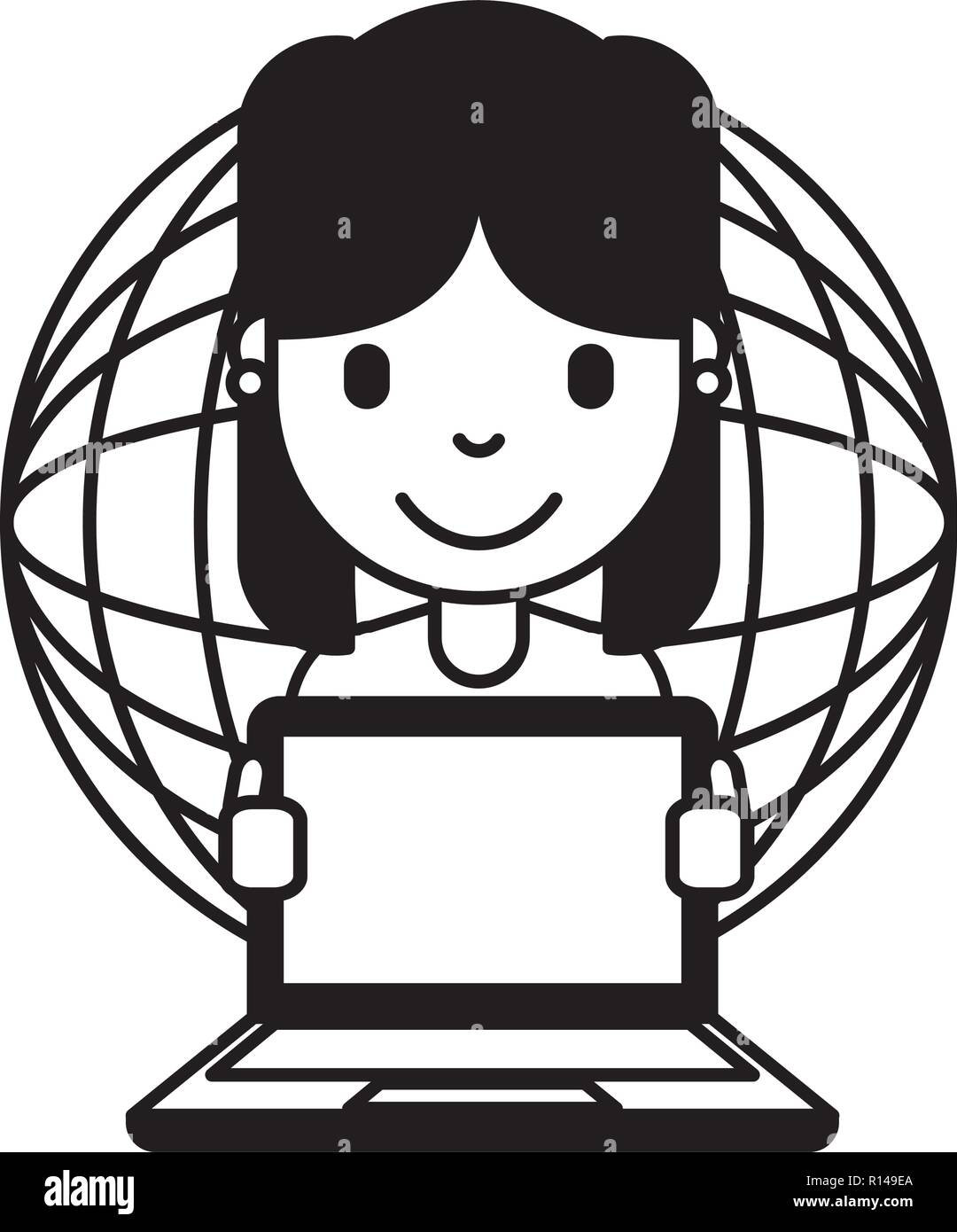 woman cartoon with laptop world connection vector illustration Stock ...