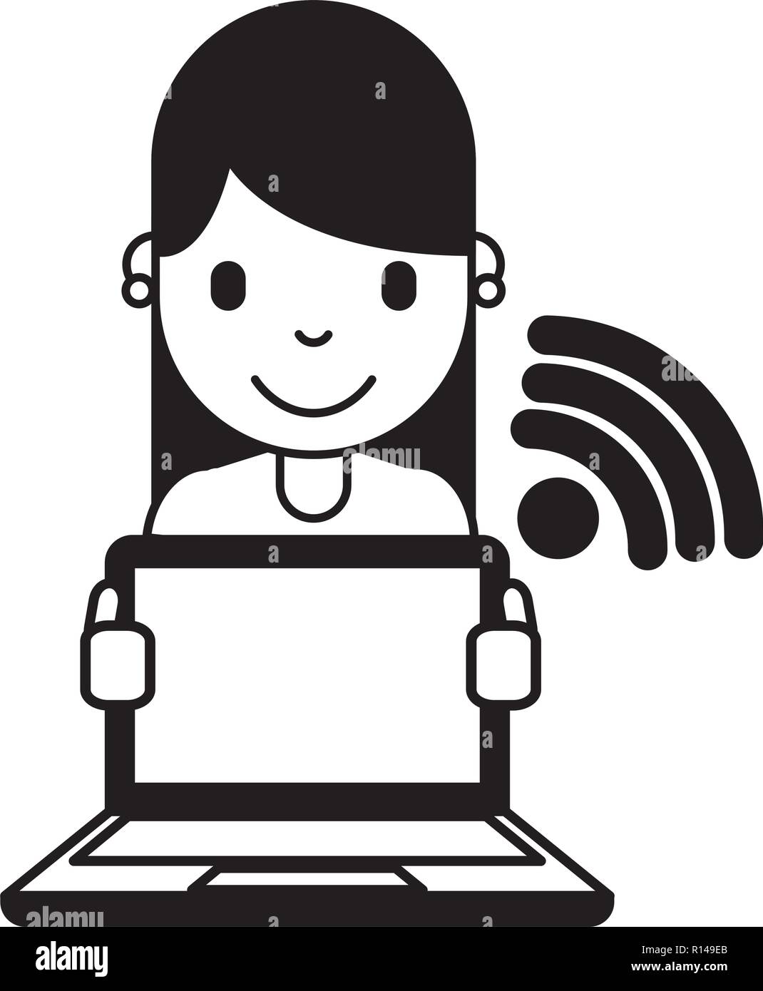 woman cartoon with laptop internet wifi vector illustration Stock ...