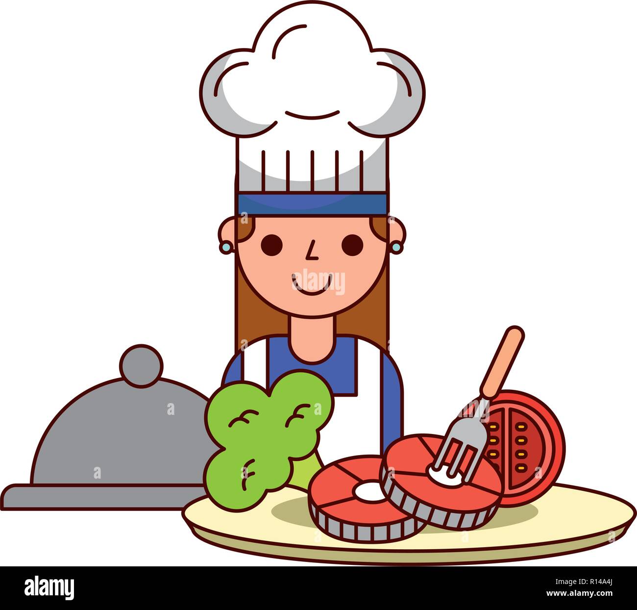 chef girl dinner pork broccoli tomato vector illustration Stock Vector ...