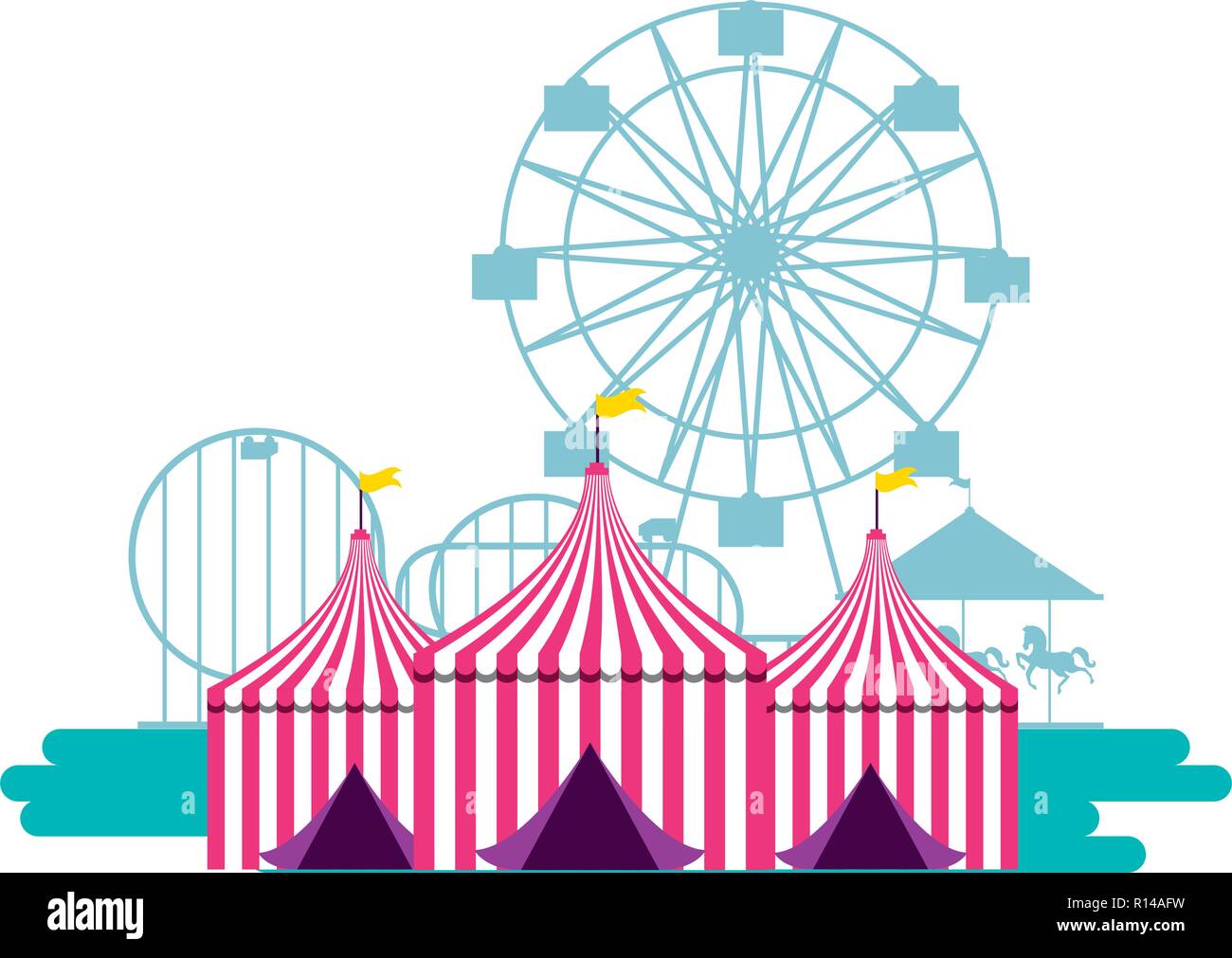 tents ferris wheel and roller coaster fun fair vector illustration ...