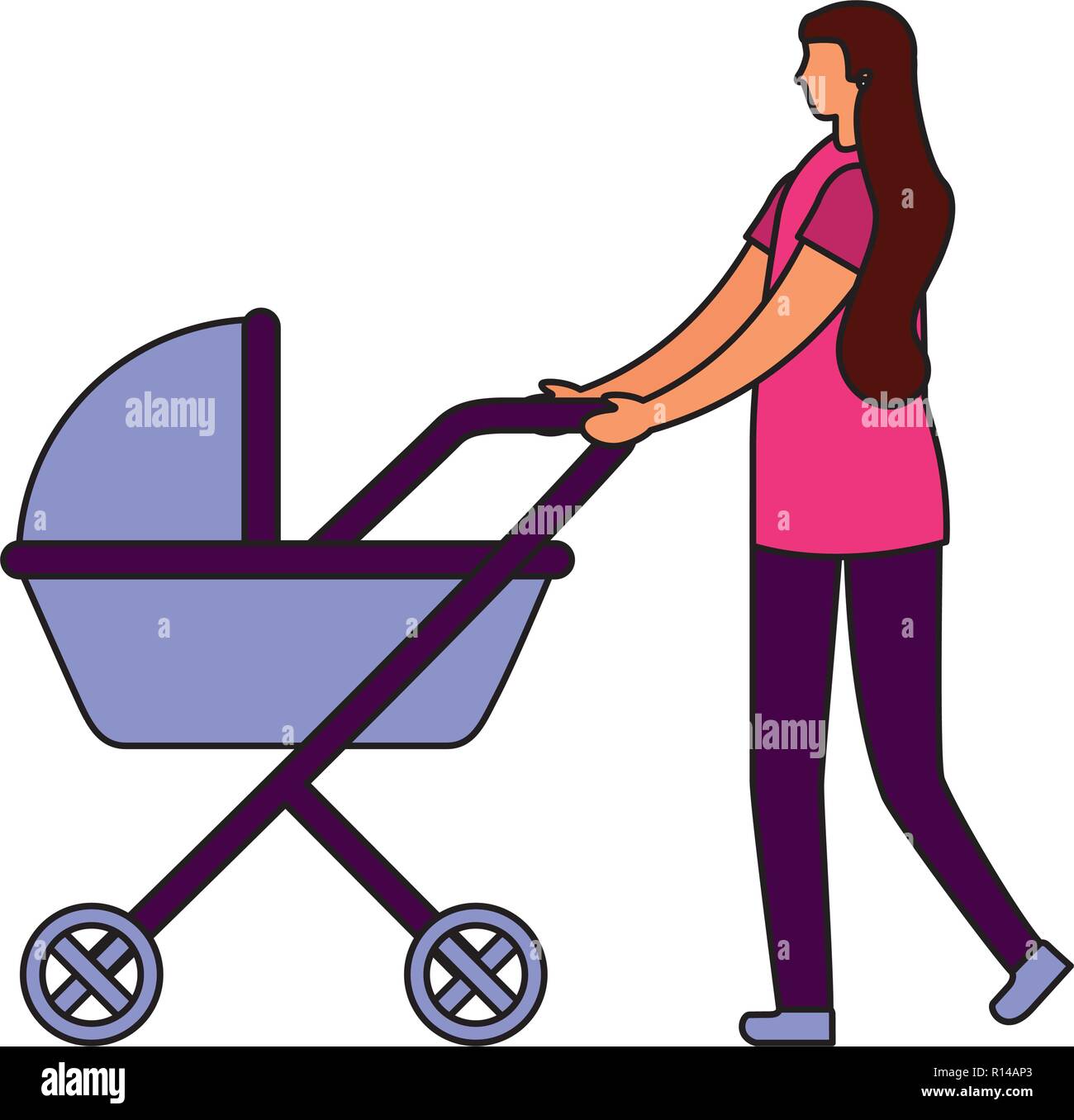 mom pushing baby pram on white background vector illustration Stock ...