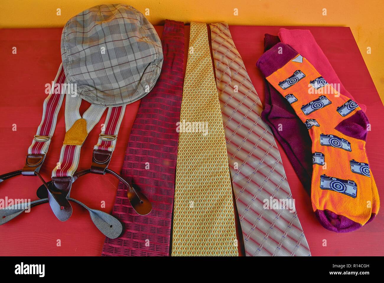 Man garments. Clothing concept for men. Colorful socks, ties, braces ...