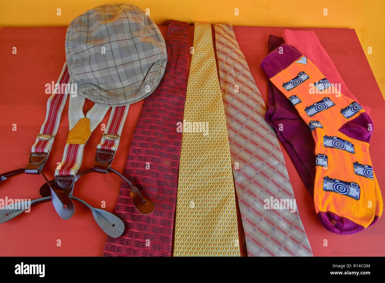 Man garments. Clothing concept for men. Colorful socks, ties, braces ...