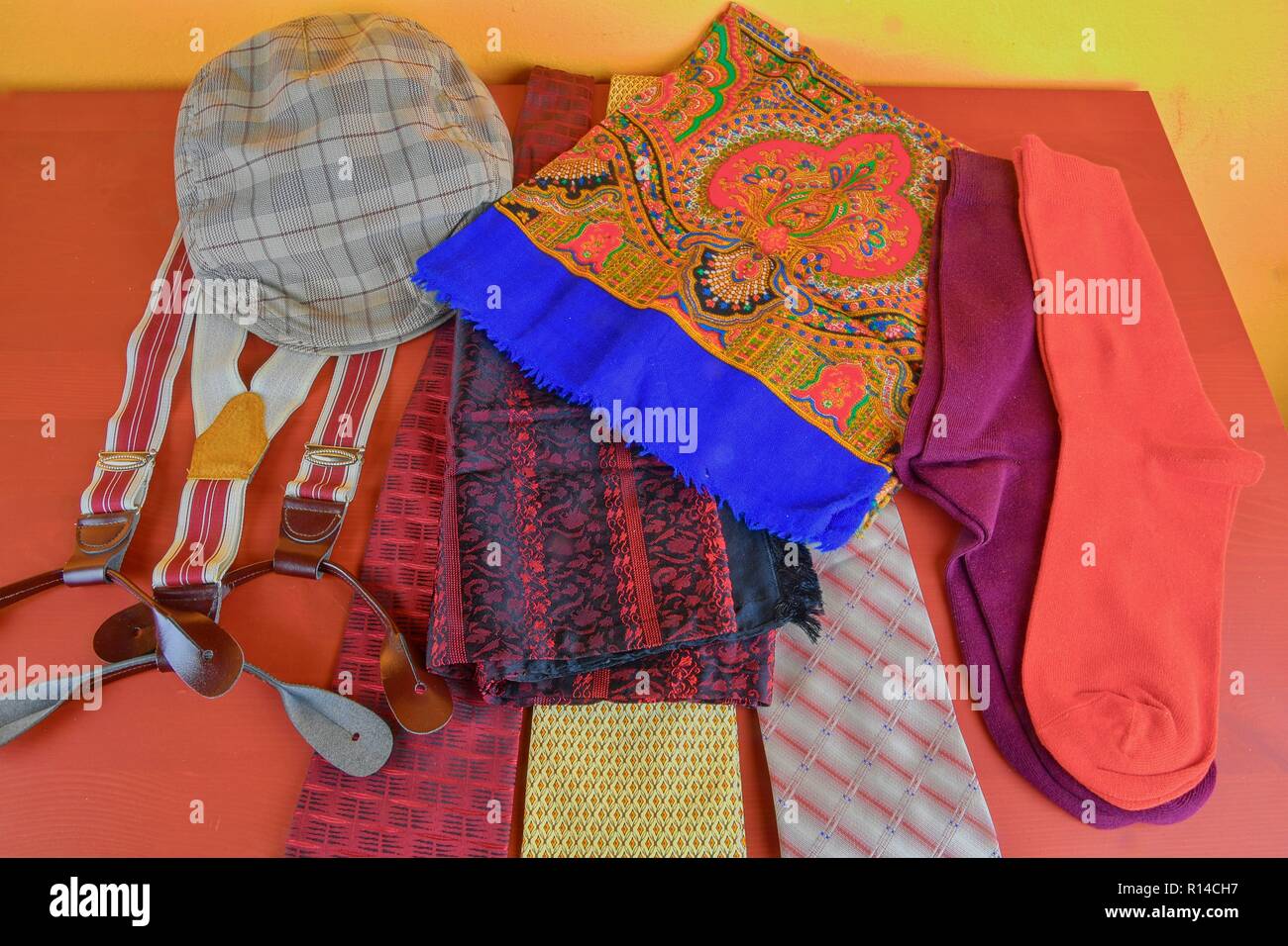 Man garments. Clothing concept for men. Colorful socks, ties, braces ...